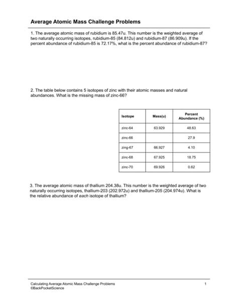 Calculating Average Atomic Mass Challenge Problems Worksheet Tpt