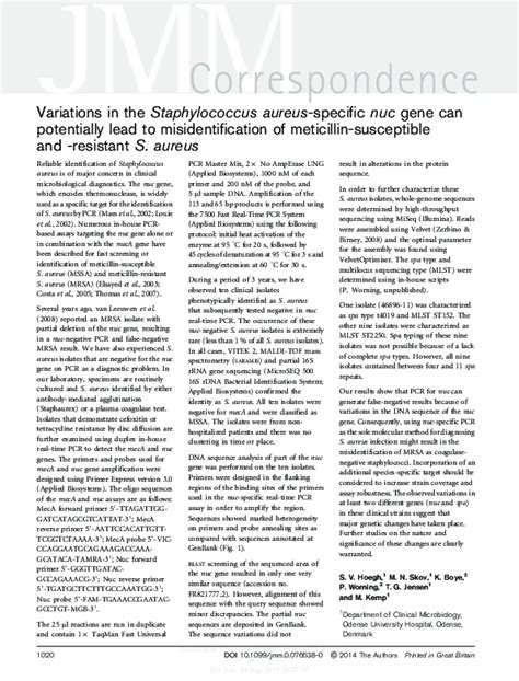 Pdf Variations In Staphylococcus Aureus Specific Nuc Gene Can Potentially Lead To