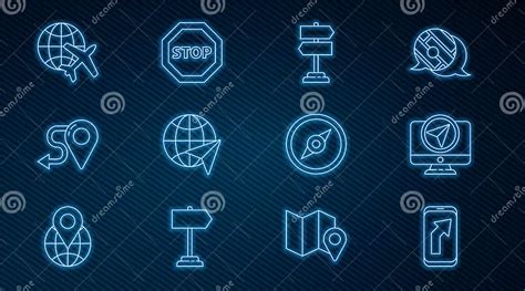 Set Line City Map Navigation Monitor With Location Marker Road Traffic Sign Globe Flying