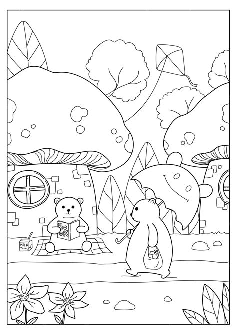 어린이와 성인을 위한 귀여운 버섯 집 색채 페이지 터 일러스트레이션 프리미엄 벡터