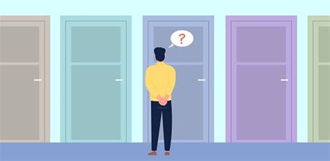 사려 깊은 남자는 문을 선택합니다 선택 문제 생각하는 비즈니스 사람 해결 및 결정 삶의 벡터 개념에서 어려운 솔루션 개념에 대한