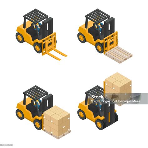 아이소메트릭 지게차는 팔레트에 쌓인 박스의 리프팅 하중을 설정합니다 지게차 트럭 취급시 안전 제품 저장 및 유통의 산업 물류 직업 안전 보건에 대한 스톡 벡터 아트 및 기타