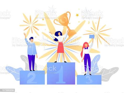 첫번째 장소 우승자 상입니다 상금과 함께 연단에 서 챔피언입니다 여자 승리 개념입니다 성공 벡터 일러스트 레이 션 선거에 대한 스톡 벡터 아트 및 기타 이미지 Istock