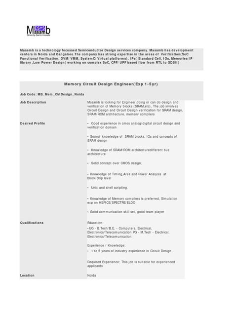 Design Engineer Memory Circuit Design Pdf System On A Chip Random Access Memory