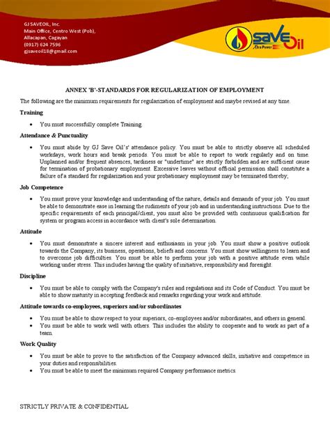 Annex B Standards For Regularization Of Employment Pdf Business