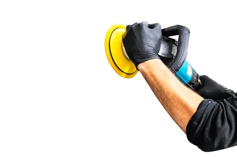 자동차 폴란드어 왁 스 작업자 손 Holing 연마 도구 흰색 배경에 고립 버프 하 고 연마 자동차 컨셉입니다 남자 손 및 광택