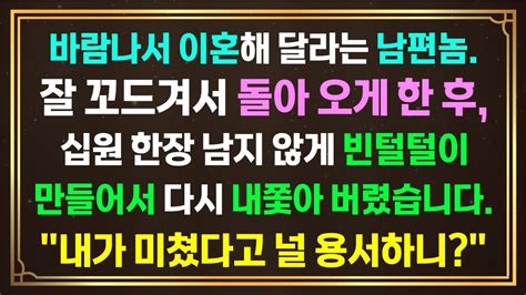 사이다사연 바람나서 이혼해달라는 남편놈 잘 꼬드겨서 돌아오게 한 후 십원한장 남지않게 빈털털이 만들어서 다시 내쫓아버렸습니다
