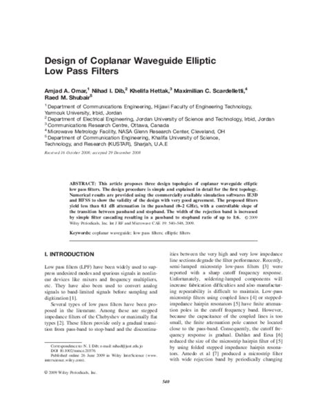 Pdf Design Of Coplanar Waveguide Elliptic Low Pass Filters