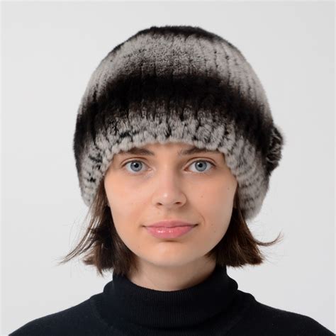 Жіноча вязана хутряна шапка із кролика Хутряний Стиль Кулька відворот 54 60 Натуральний