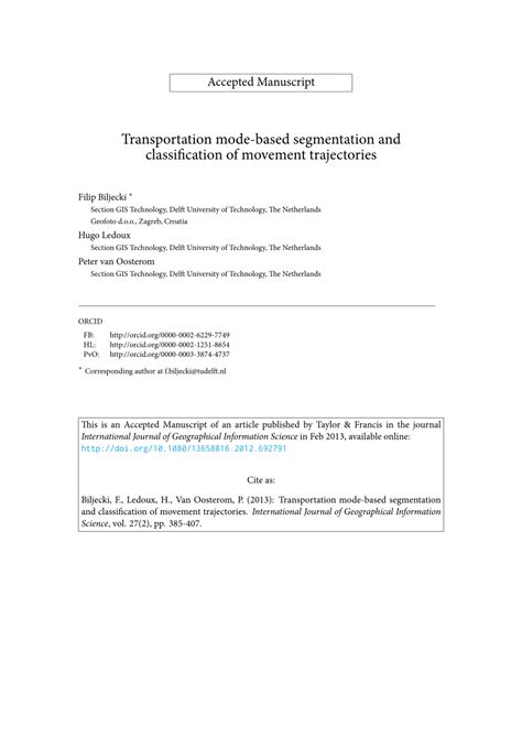Pdf Transportation Mode Based Segmentation And Classification Of Movement Trajectories