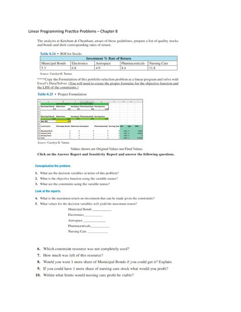 Linear Programming Practice Problems Table 8 Roi For Stocks Municipal
