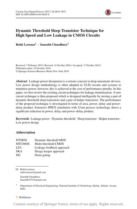 Dynamic Threshold Sleep Transistor Technique For High Speed And Low Leakage In Cmos Circuits