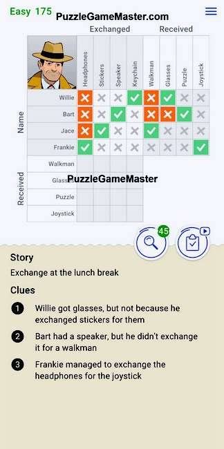 Cross Logic Easy Level 175 Answer Exchange At The Lunch Break Puzzle Game Master