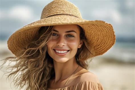Premium Ai Image Generative Ai Image Of Positive Young Female In Straw Hat Smiling And Looking