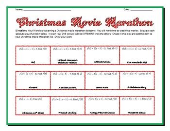 Evaluating Absolute Value Functions Christmas Movie Marathon Activity