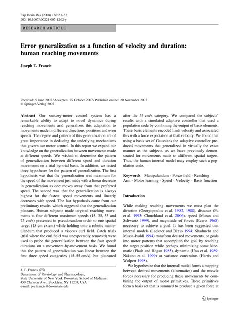 Pdf Error Generalization As A Function Of Velocity And Duration Human Reaching Movements