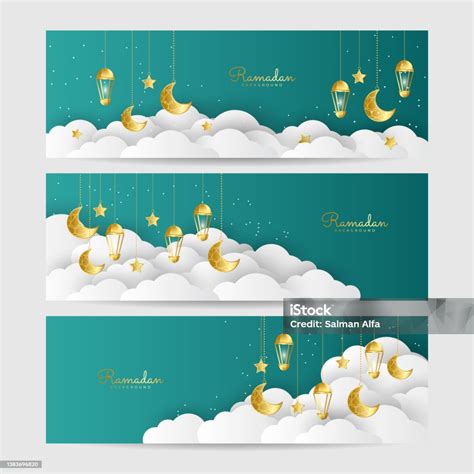라마단 랜턴 그린 골드 컬러풀 와이드 배너 디자인 배경 세트 0명에 대한 스톡 벡터 아트 및 기타 이미지 0명 3차원 형태 Eid Mubarak Istock