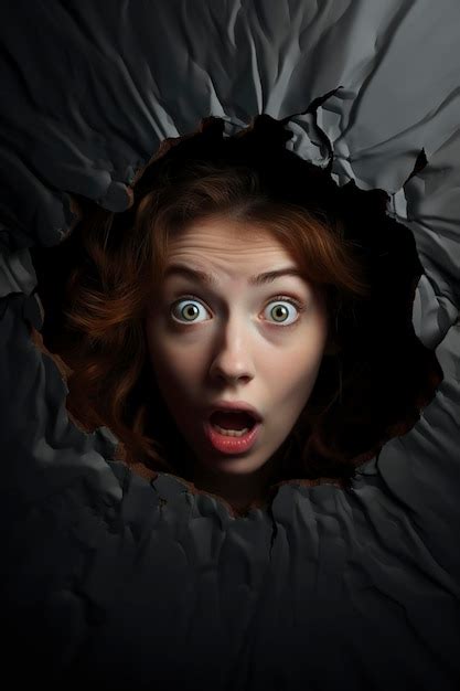 Premium Photo Surprised Woman Looking Through A Hole In The Wall
