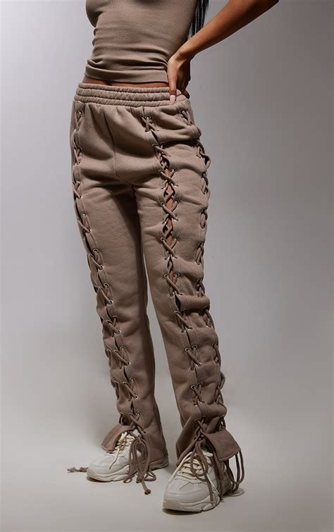 Taupe Lace Up Side Detail Oversized Joggers Athleisure