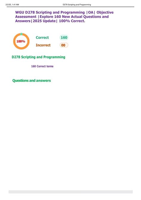 Wgu D278 Scripting And Programming Oa Objective Assessment Explore 160 New Actual Questions