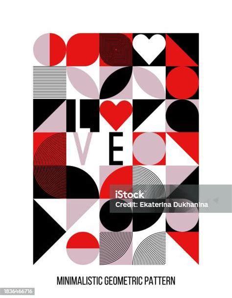 추상 기하학적 바우하우스 포스터 마음 사랑 텍스트 및 기타 원시적 인 형태 모양 모던 플랫 스타일 원시 벡터 일러스트 레이 션