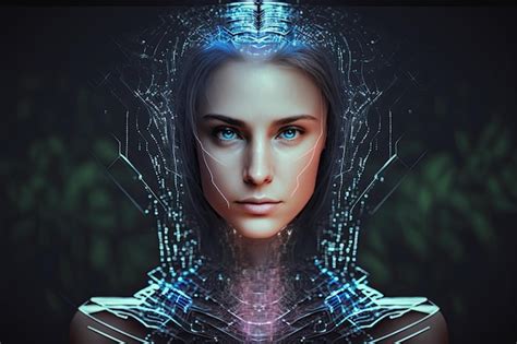 사이보그 여성의 미래적이고 기술적인 얼굴은 인공 지능 Generative Ai입니다 프리미엄 사진