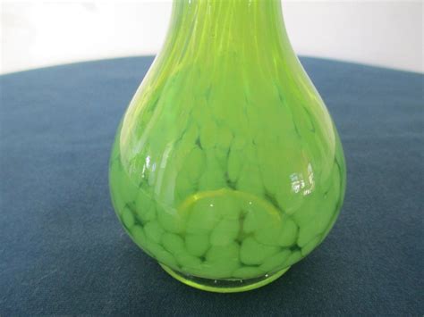 Vintage Green Splatter Art Glass Vase With Ruffled Top Marked