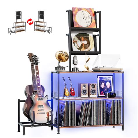 Vinyl Record Player Stand With Guitar Stand Record Player Table With
