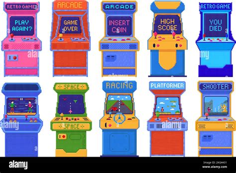 Pixel Art Arcade Game Machines Old 8 Bit Gaming Console Different Games And Play Again High