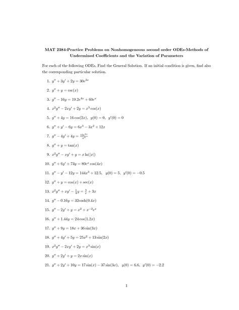 Solution Mat 2384 Solution Nonhomogeneous Second Order Odes Methods Of Undermined Coefficients
