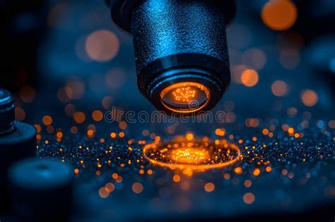 Advanced Optical Microscope Lens Focusing On Glowing Particles In
