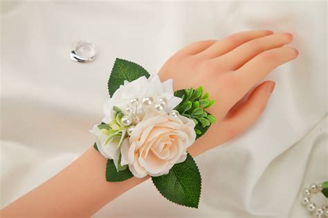 Meldel Wrist Corsage For Wedding White And Champagne Rose Set Of 6