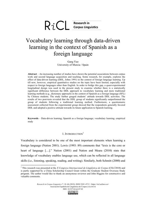 Pdf Vocabulary Learning Through Data Driven Learning In The Context Of Spanish As A Foreign