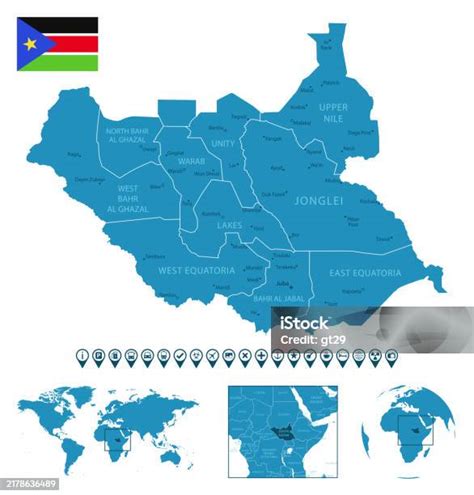 남 수단 도시 지역 세계지도 및 지구본의 위치가 포함 된 자세한 파란색 국가지도 인포그래픽 아이콘 South Sudan Flag에 대한 스톡 벡터 아트 및 기타 이미지