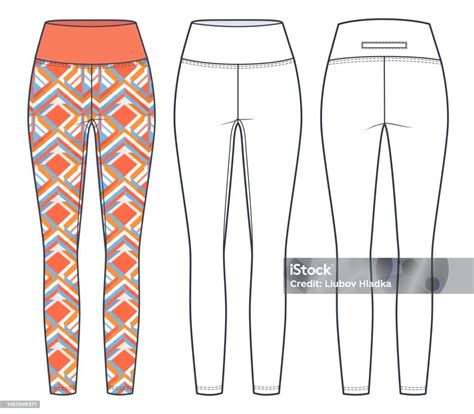 레깅스 바지 기술 패션 일러스트 기하학적 프린트 디자인 스포츠 레깅스 패션 플랫 기술 도면 템플릿 높은 허리 앞 뒷면보기 흰색