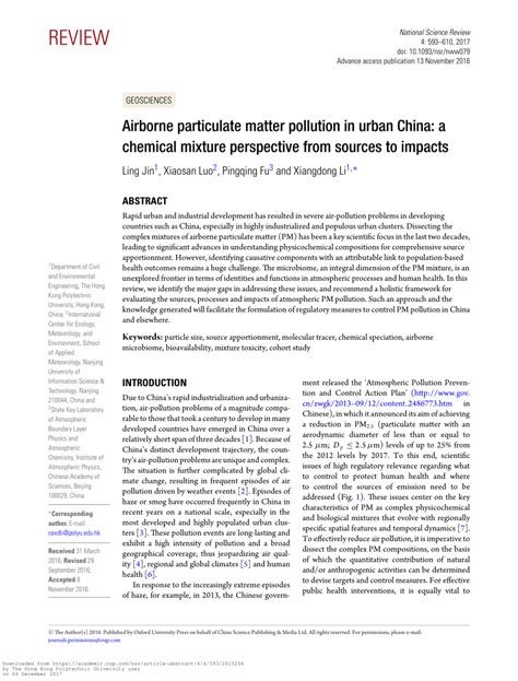 Pdf Airborne Particulate Matter Pollution In Urban China A Chemical Mixture Perspective From