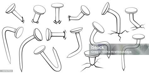 만화 구부러진 손톱 윤곽선 고립 된 손톱 세트 목공 개념 낙서 흰색 배경에 고립 된 손으로 그립니다 시공 벡터 일러스트레이션 가시에 대한 스톡 벡터 아트 및 기타 이미지