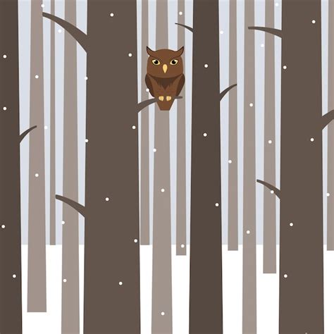 Милая коричневая сова сидит на ветке в зимнем лесу плоская векторная иллюстрация Премиум векторы
