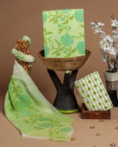 Jaal Hand Block Print Cotton Suit Set With Chiffon Dupatta Green At