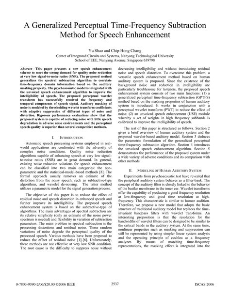 Pdf A Generalized Perceptual Time Frequency Subtraction Method For Speech Enhancement