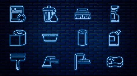 세트 라인 스폰지 청소 제 브러시 플라스틱 분지 화장지 롤 주방 식기 세척기 기계 종이 타월 및 쓰레기통 및 쓰레기 봉투 아이콘을위한 병 벡터 가정 생활에 대한 스톡 벡터