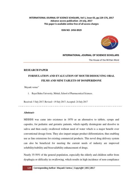 Formulation And Evaluation Of Mouth Dissolving Oral Films And Mini Tablets Of Domperidone Pdf