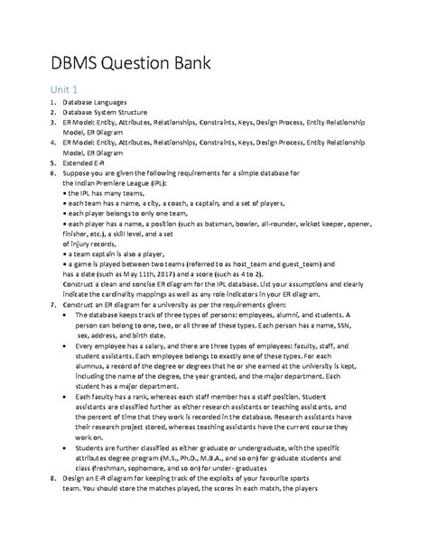 Question Bank Of Dbms Dbms Question Bank Unit 1 Database Languages