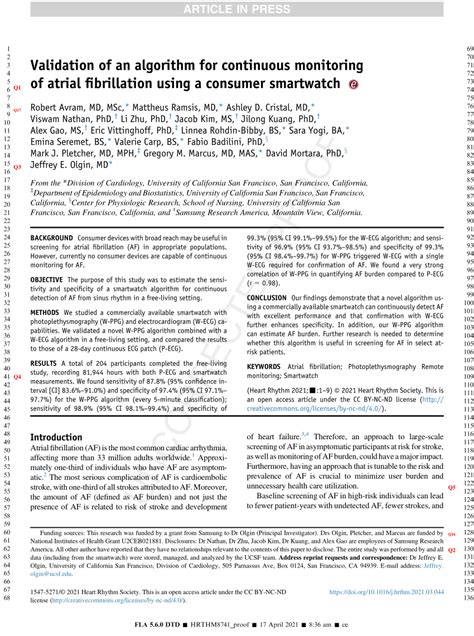 Pdf Validation Of An Algorithm For Continuous Monitoring Of Atrial Fibrillation Using A