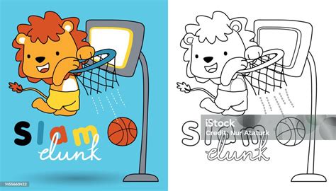 농구 색칠하기 책 또는 아이 들을 위한 페이지를 하는 사자의 벡터 만화 0명에 대한 스톡 벡터 아트 및 기타 이미지 0명 Championship 경기 스포츠 Istock