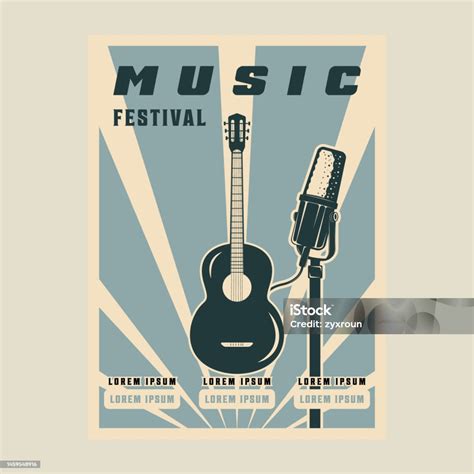 마이크와 어쿠스틱 기타 벡터 포스터 빈티지 미니멀리스트 일러스트레이션 템플릿 그래픽 디자인 노래 축제 배너 초대장 또는 비문 라이브 음악 및 복고풍 스타일의 텍스트 장소