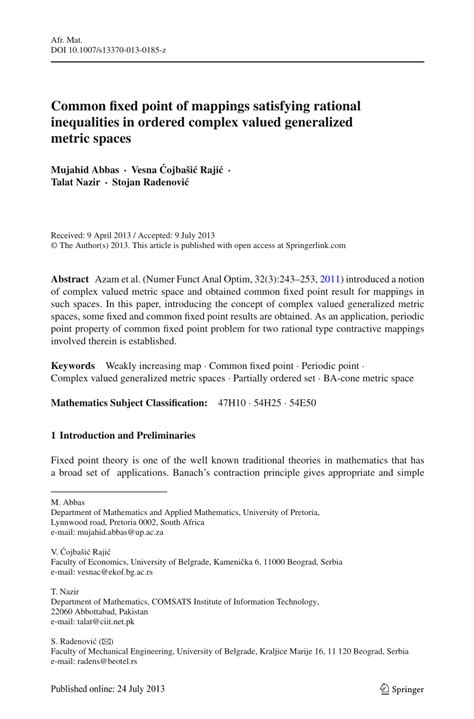 Pdf Common Fixed Point Of Mappings Satisfying Rational Inequalities