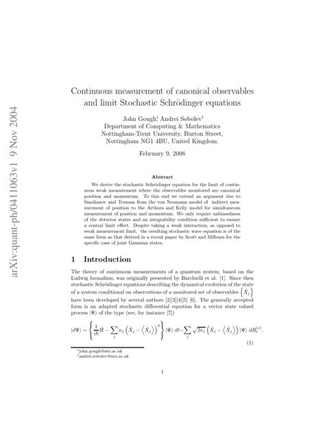 Pdf Continuous Measurement Of Canonical Observables And Limit Stochastic Schrodinger Equations