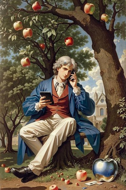 Isaac Newton Sitting Under A Tree And Using His Mobile Phone While Apple Is Falling Over His