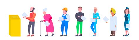 선거 일 개념 다른 직업 유권자 투표 장소에서 투표용지를 주 물 하는 사람들은 상자 전체 길이 평면 수평 흰색 배경에 종이 투표를 퍼 팅 믹스 레이스 사람